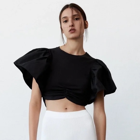 Zara | Tops | Zara Black Ruffled Crop Top | Poshmark